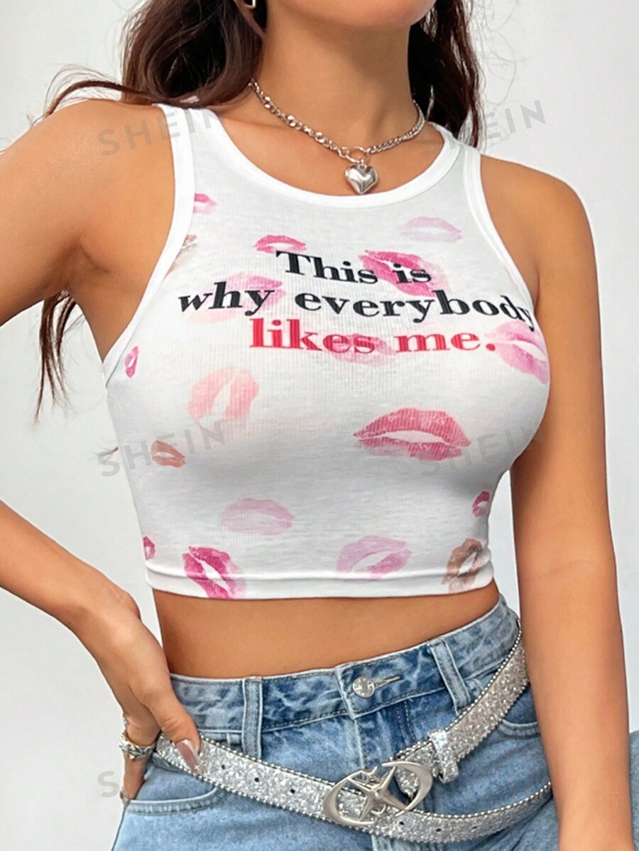 SHEIN EZwear Women'S Sleeveless Tank Top With Printed Lips And Slogan ...