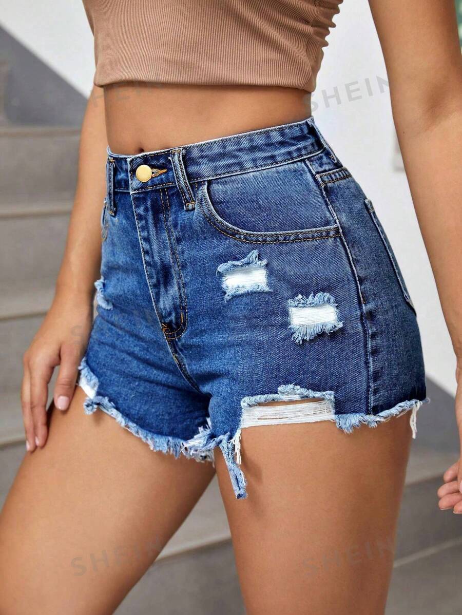 SHEIN EZwear Ripped Raw Hem Denim Shorts | SHEIN USA
