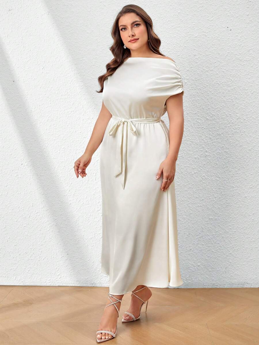 SHEIN Privé Plus Size Elegant Satin Asymmetrical Shoulder Dress ...