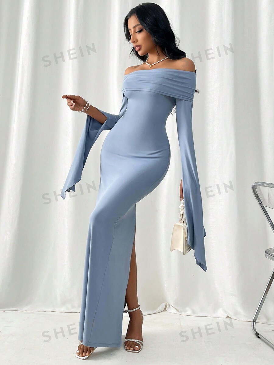 SHEIN Privé Women's Off-The-Shoulder Pleated Long Sleeve Maxi Dress ...