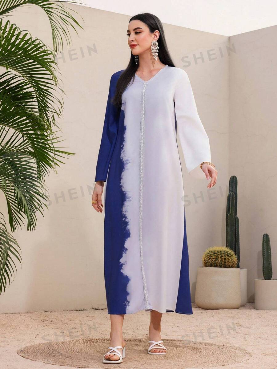SHEIN Najma Arabic Style Long Sleeve V-Neck Colorblock Dress | SHEIN USA