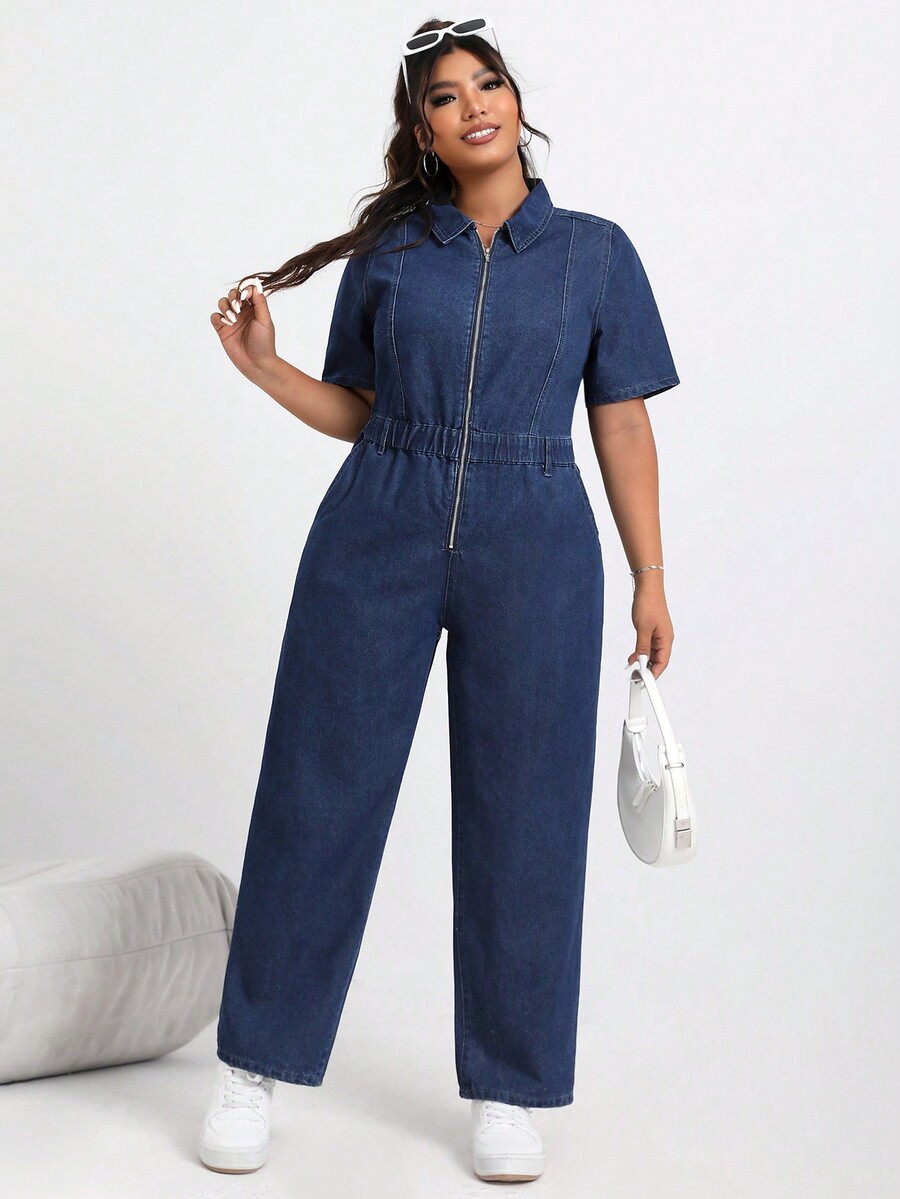 Plus Size Women's Short Sleeve Denim Jumpsuit With Turn Down Collar ...