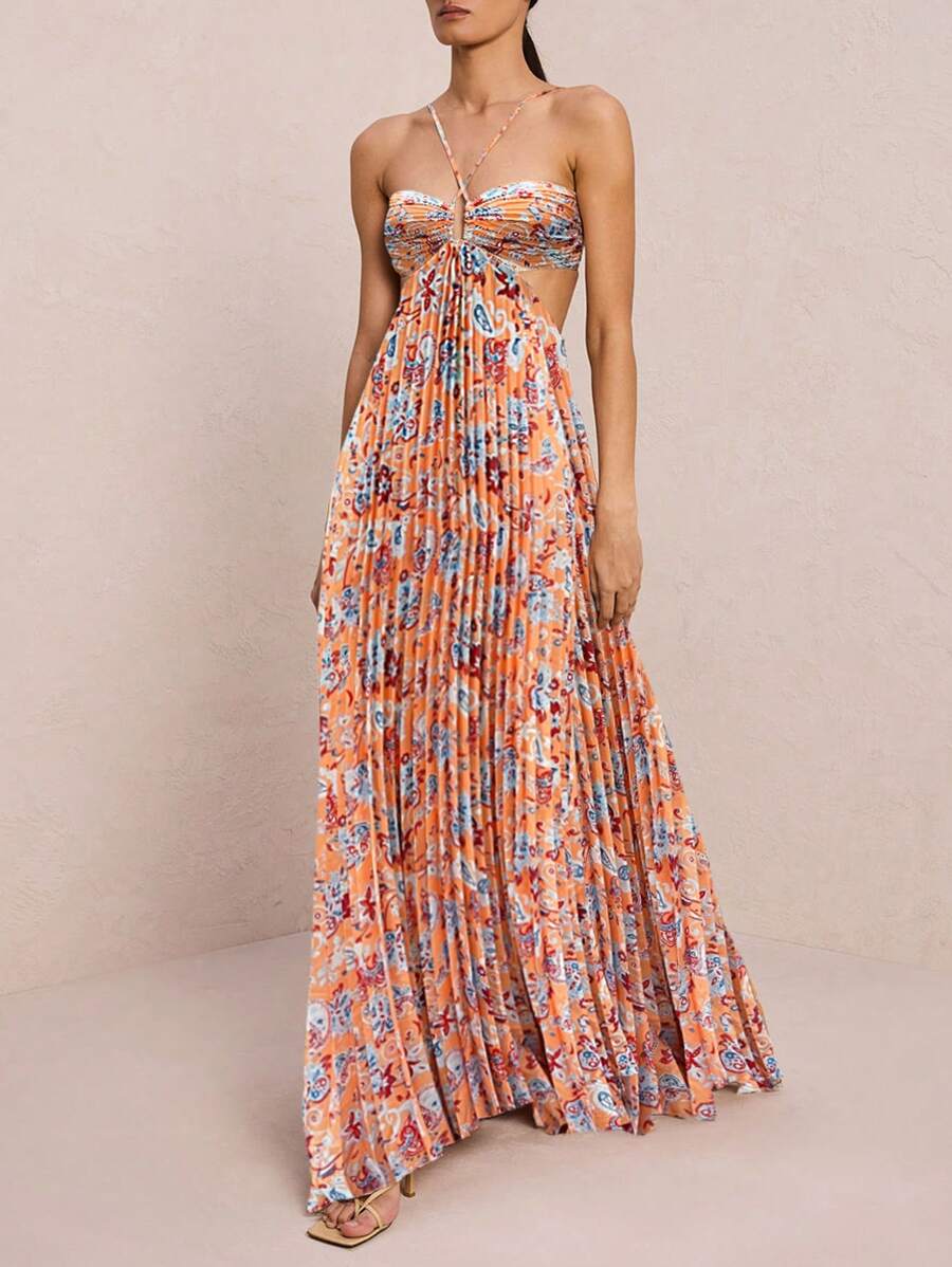 Glamaker Womens Hollow Out Waist Floral Print Pleated Halter Neck