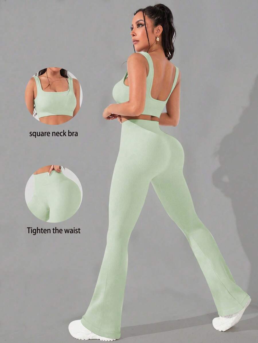 SHEIN Sport Studio Solid Sports Bra & Flare Leg Pants Workout Women Set ...