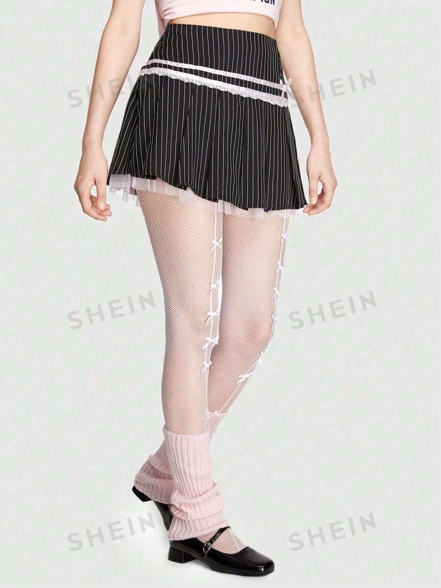 ROMWE Kawaii Bow Knot Decorated Striped Lace Trim Skirt | SHEIN USA