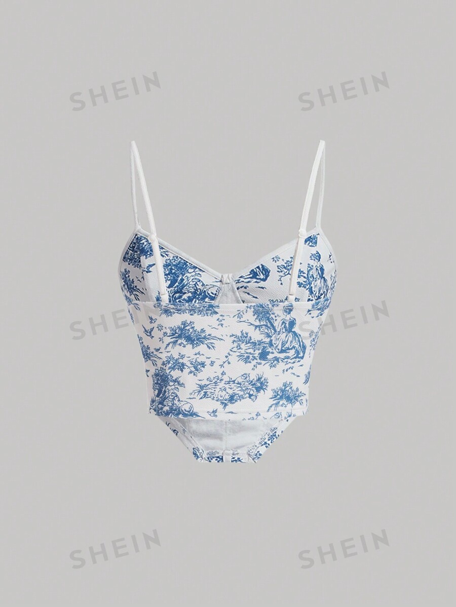 SHEIN MOD Women's Retro Palace Blue & White Floral Printed Fish Bone ...