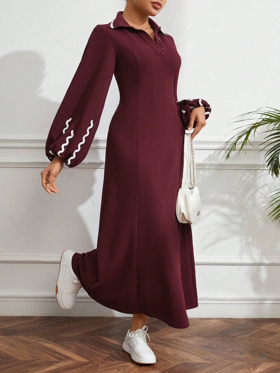 SHEIN Mulvari Color-Block Tape Detailing Lantern Sleeve Polo Collar ...