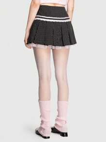 ROMWE Kawaii Bow Knot Decorated Striped Lace Trim Skirt | SHEIN USA