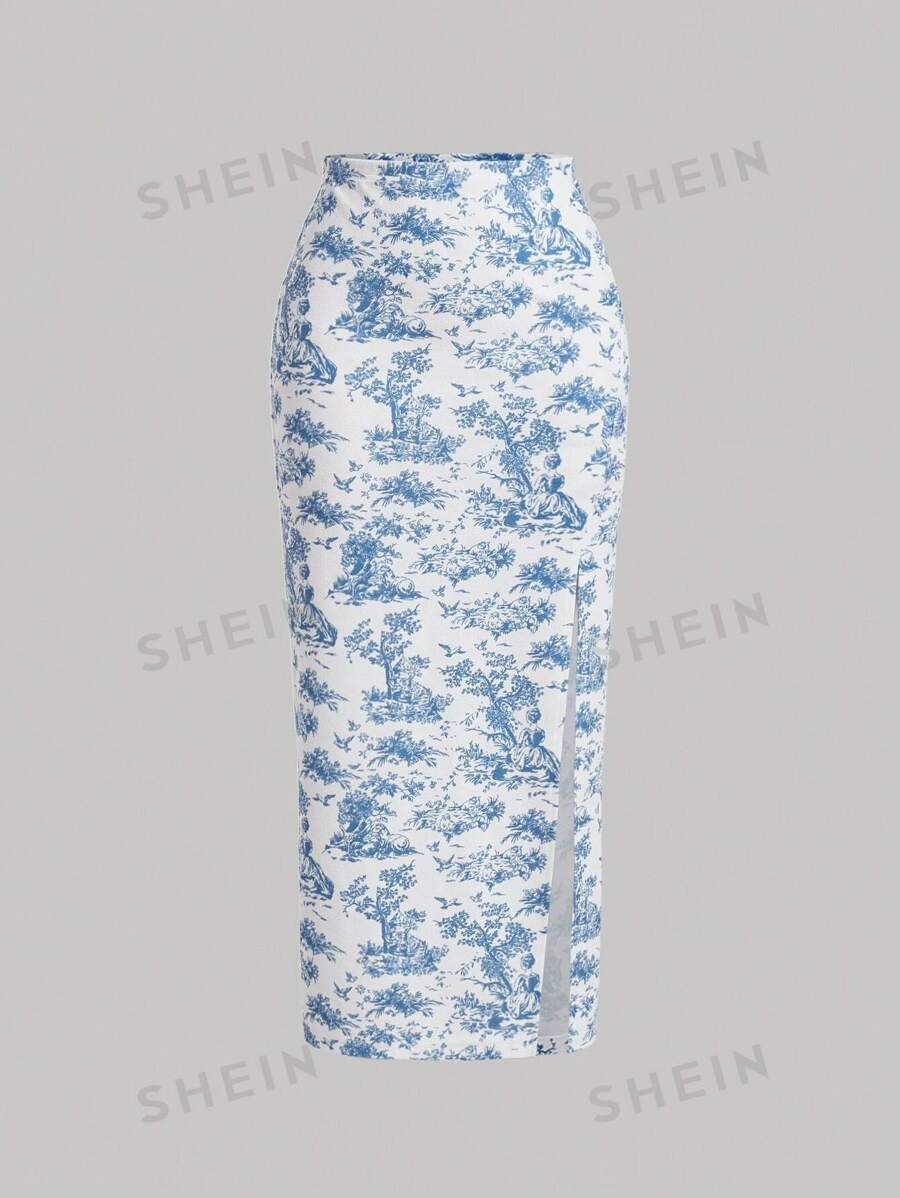 SHEIN MOD Women's Retro Palace Blue & White Floral Printed Fish Bone ...