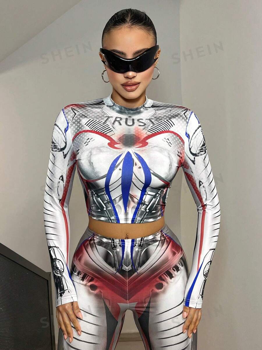 SHEIN ICON Women's Y2K Motorcycle-Inspired Body Print Slim Fit Cropped ...