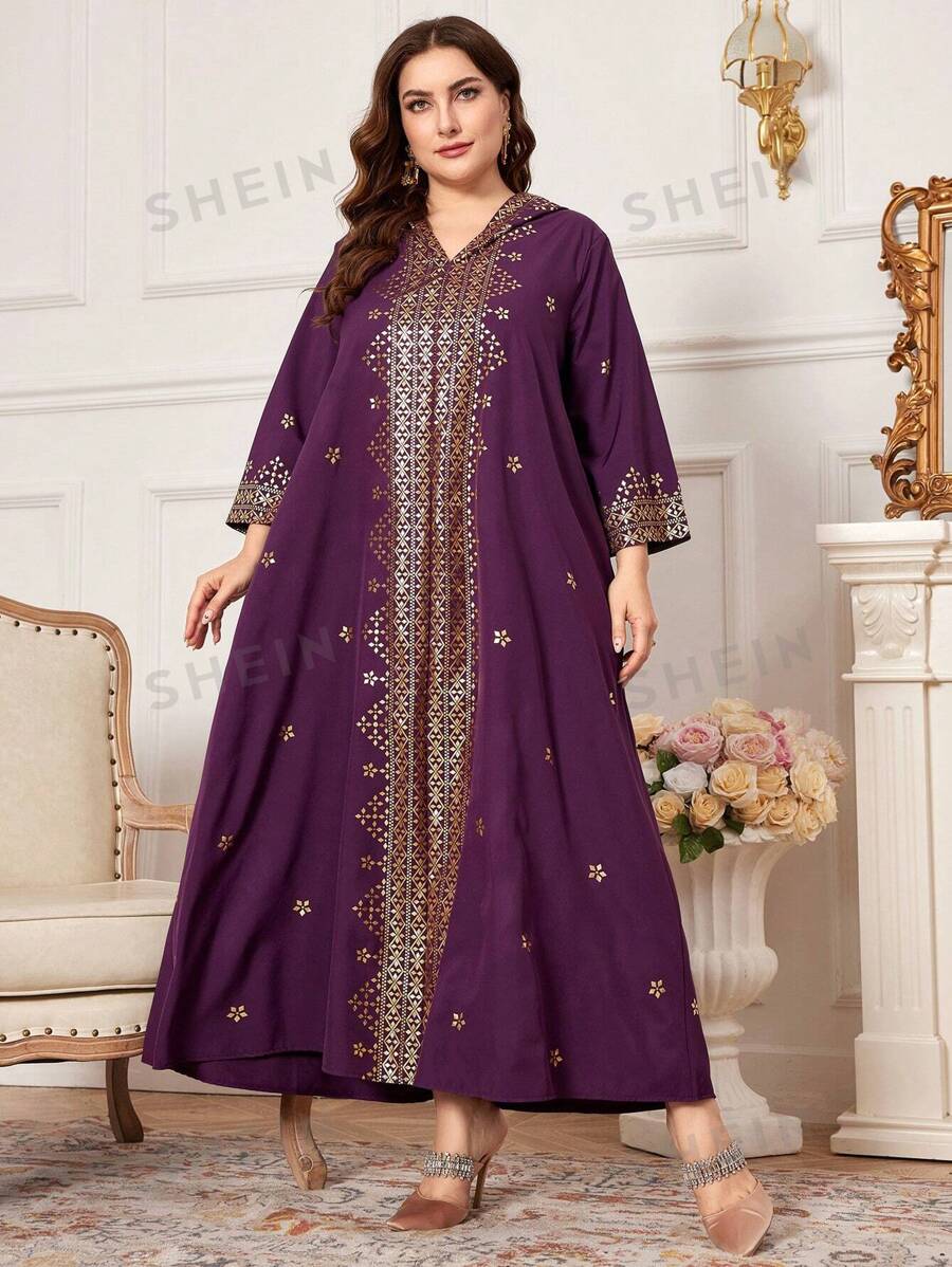 SHEIN Najma Plus Size Women's Hooded Arabic Style Dress With Foil Print ...