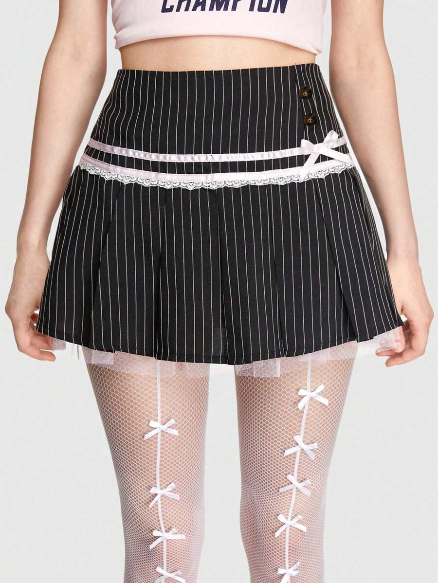 ROMWE Kawaii Bow Knot Decorated Striped Lace Trim Skirt | SHEIN USA