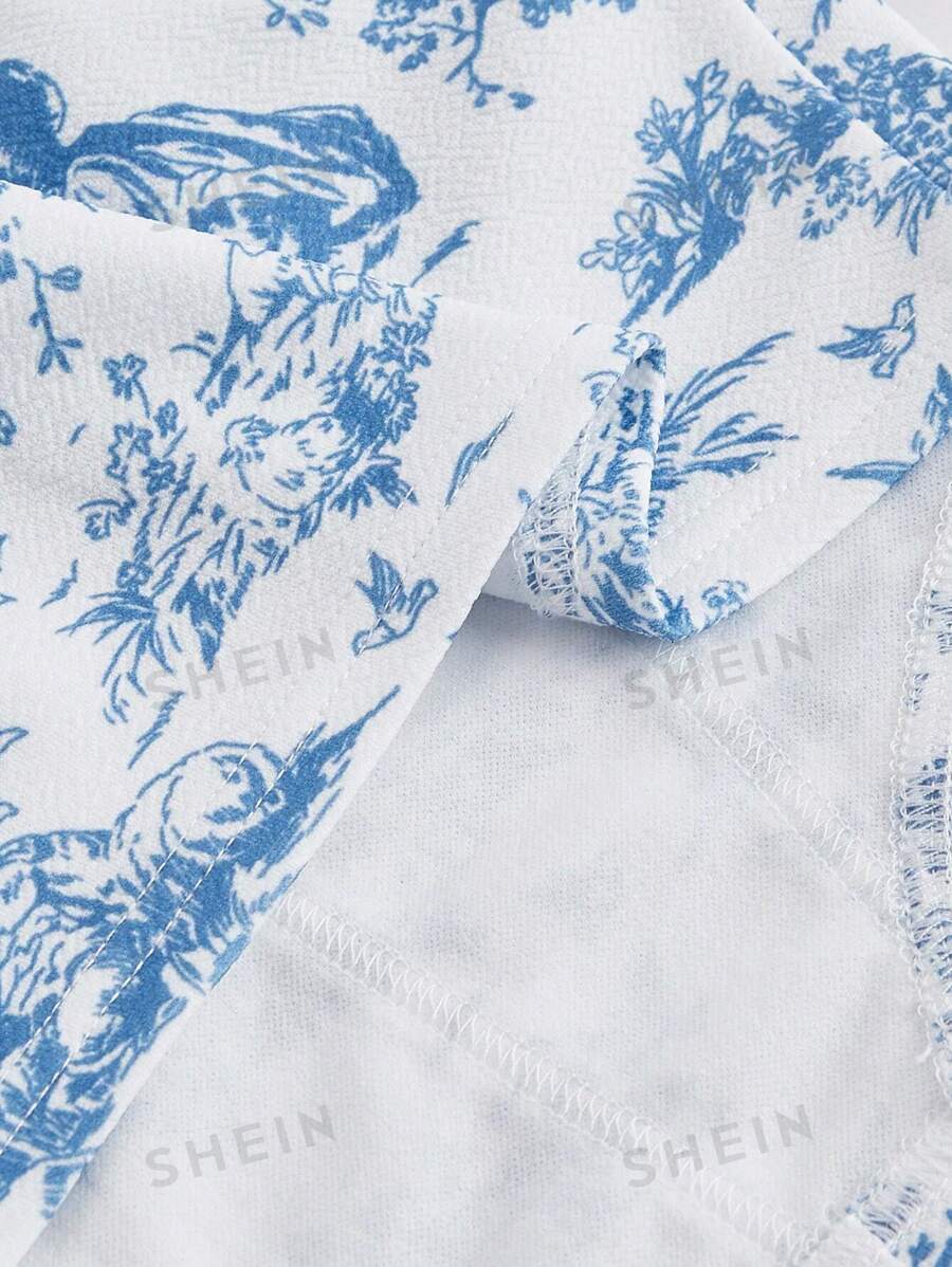 SHEIN MOD Women's Retro Palace Blue & White Floral Printed Fish Bone ...