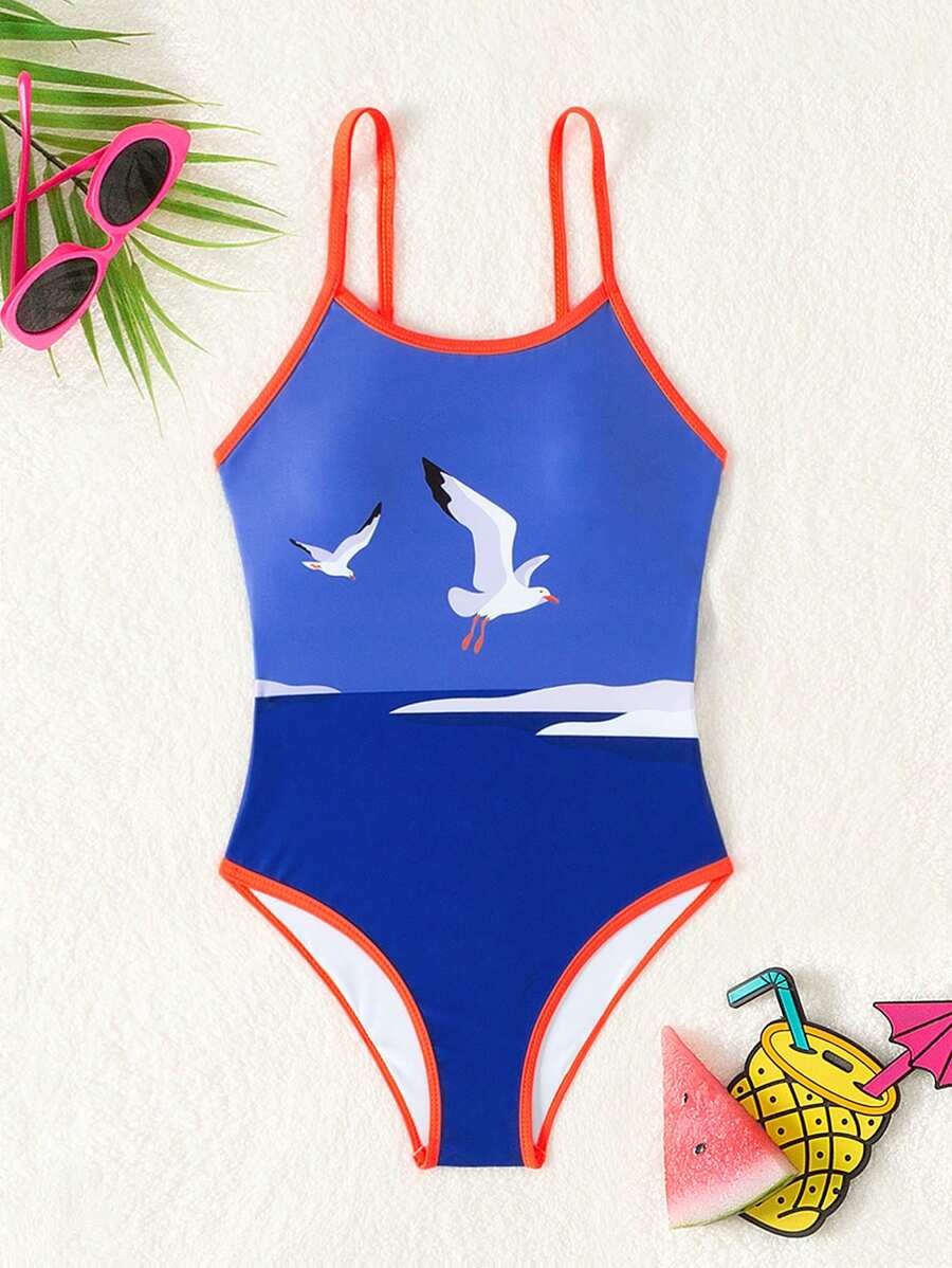 Traje De Baño De Una Pieza Con Estampado De Gaviota Linda Para Niña ...