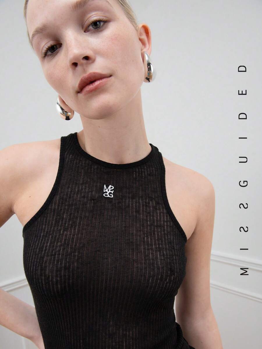 MISSGUIDED Logo Rib Tank Black | SHEIN Singapore