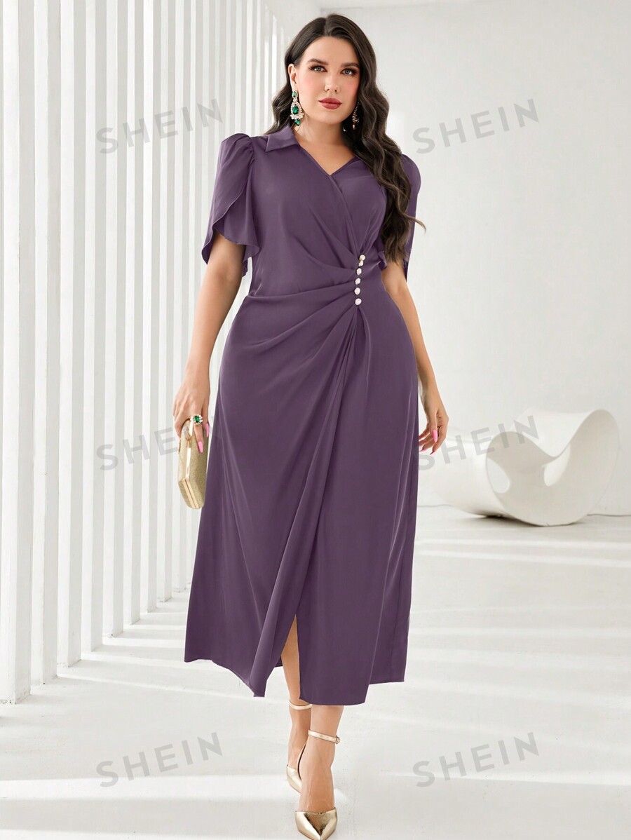 SHEIN Modely Plus Size Plain Color Lapel Petal Sleeve Faux Pearl Ruched ...