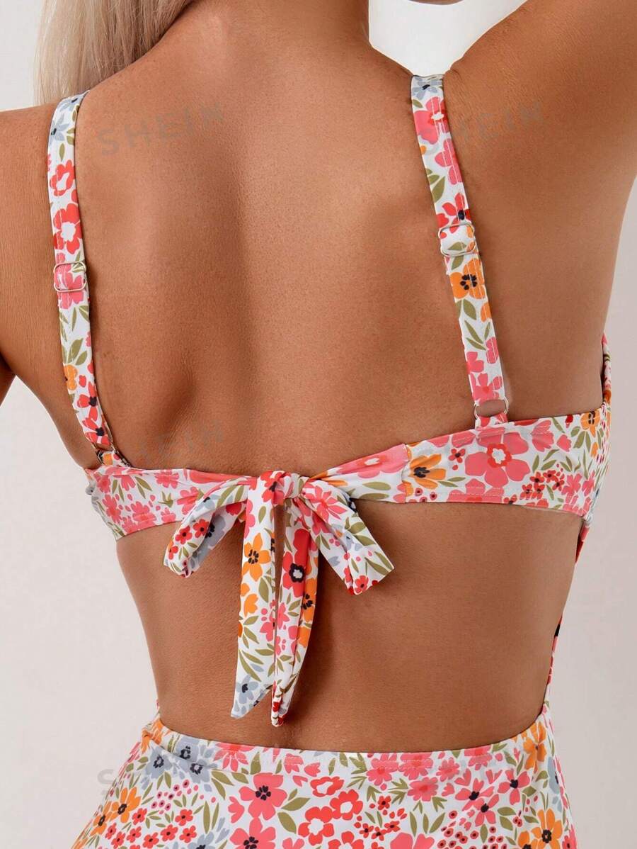 Shein Swim Womens Floral Print Square Neck One Piece Swimsuit For