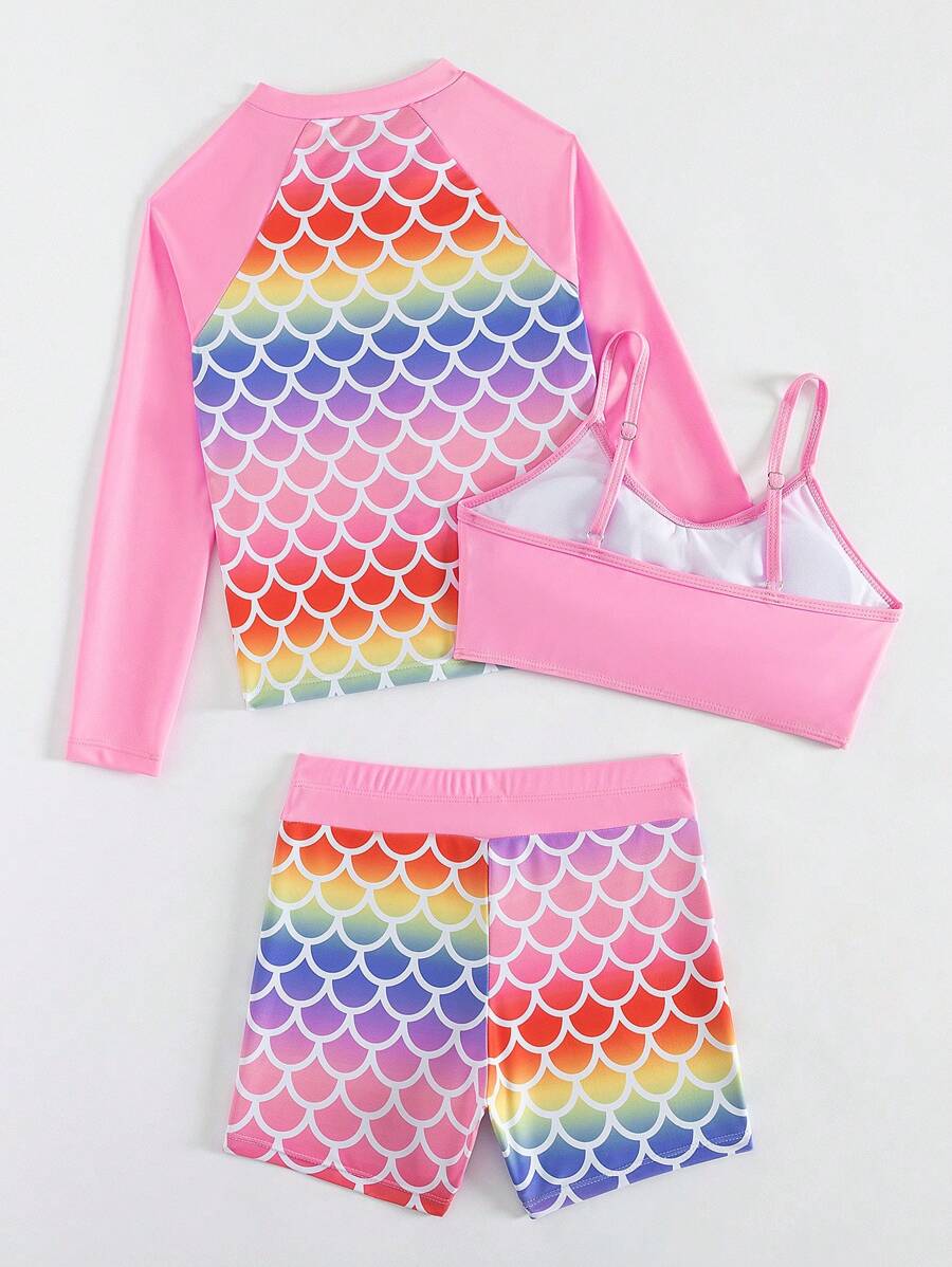 Tween Girls' Mermaid Scale Printed Long Sleeve Swimsuit With Cami Top ...