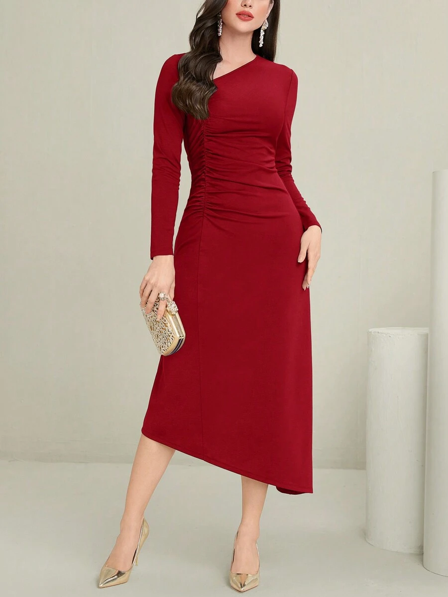 Modelyn Ladies' Elegant Solid Color Waist Cinched Dress | SHEIN USA