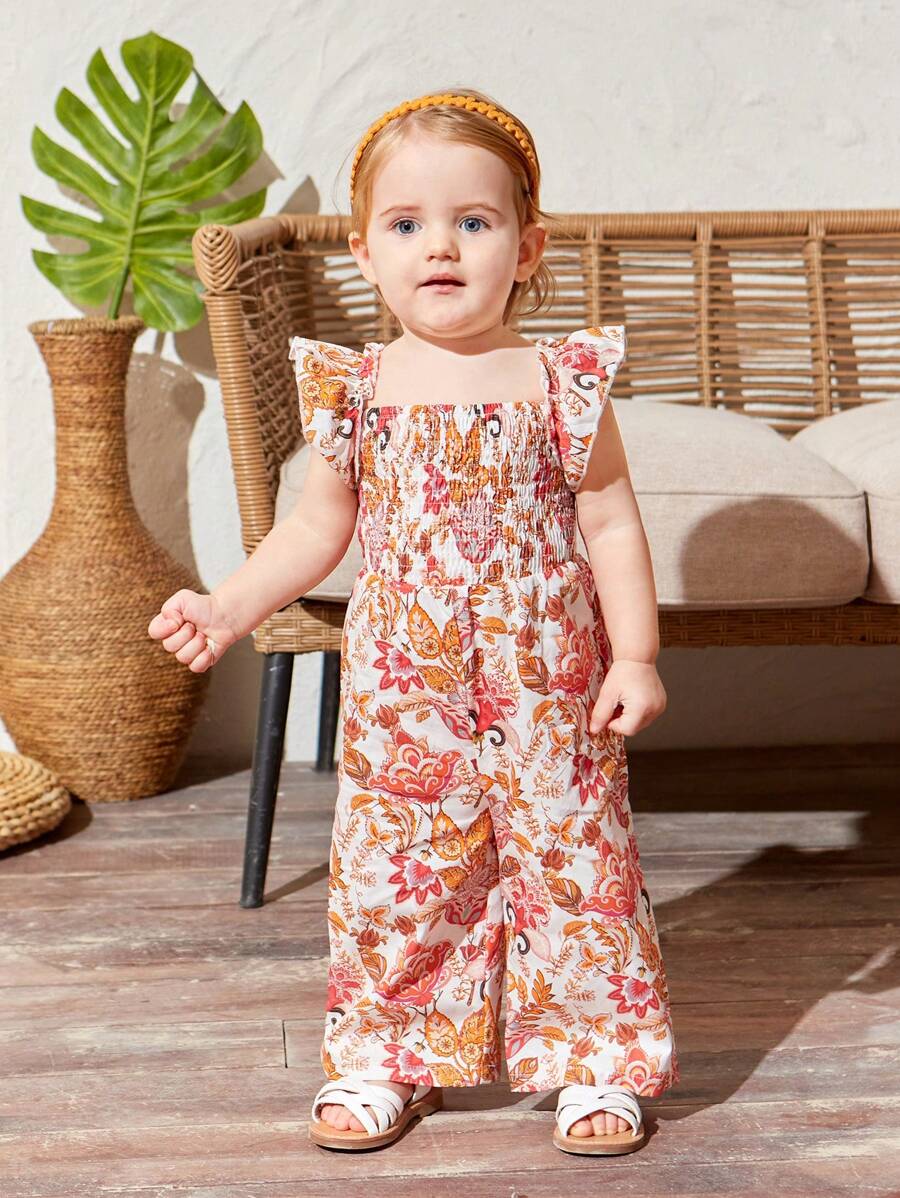 SHEIN Baby Girl'S Casual Flower Pattern Romper Jumpsuit With Flutter ...