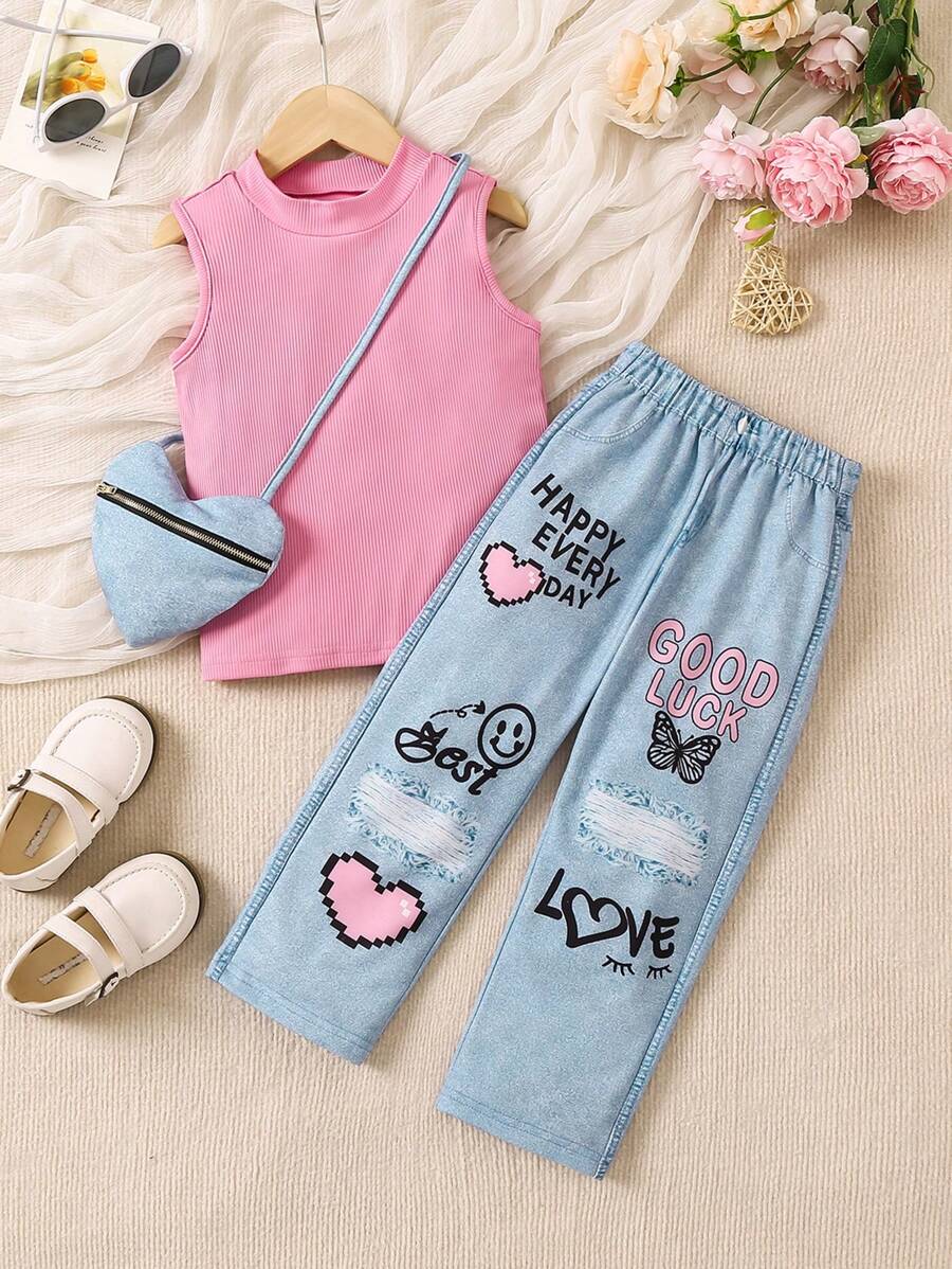 SHEIN Kids QTFun Young Girls' Sweet & Casual Fashionable Denim Style Printed Two Piece Outfit ...