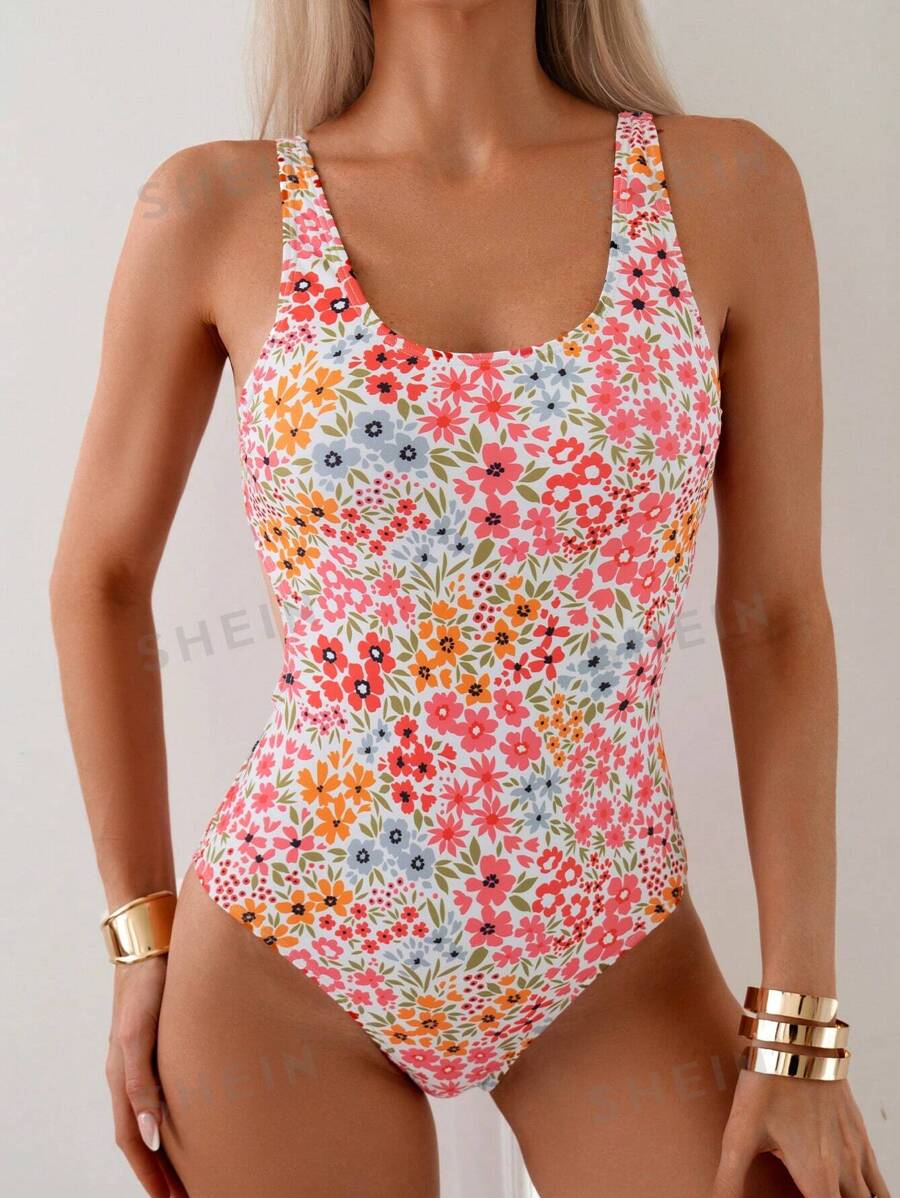 Shein Swim Womens Floral Print Square Neck One Piece Swimsuit For