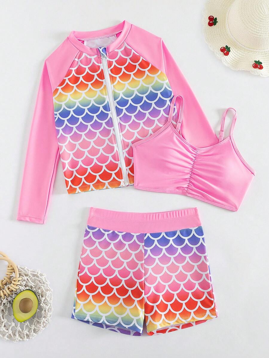 Tween Girls' Mermaid Scale Printed Long Sleeve Swimwear With Cami Top ...