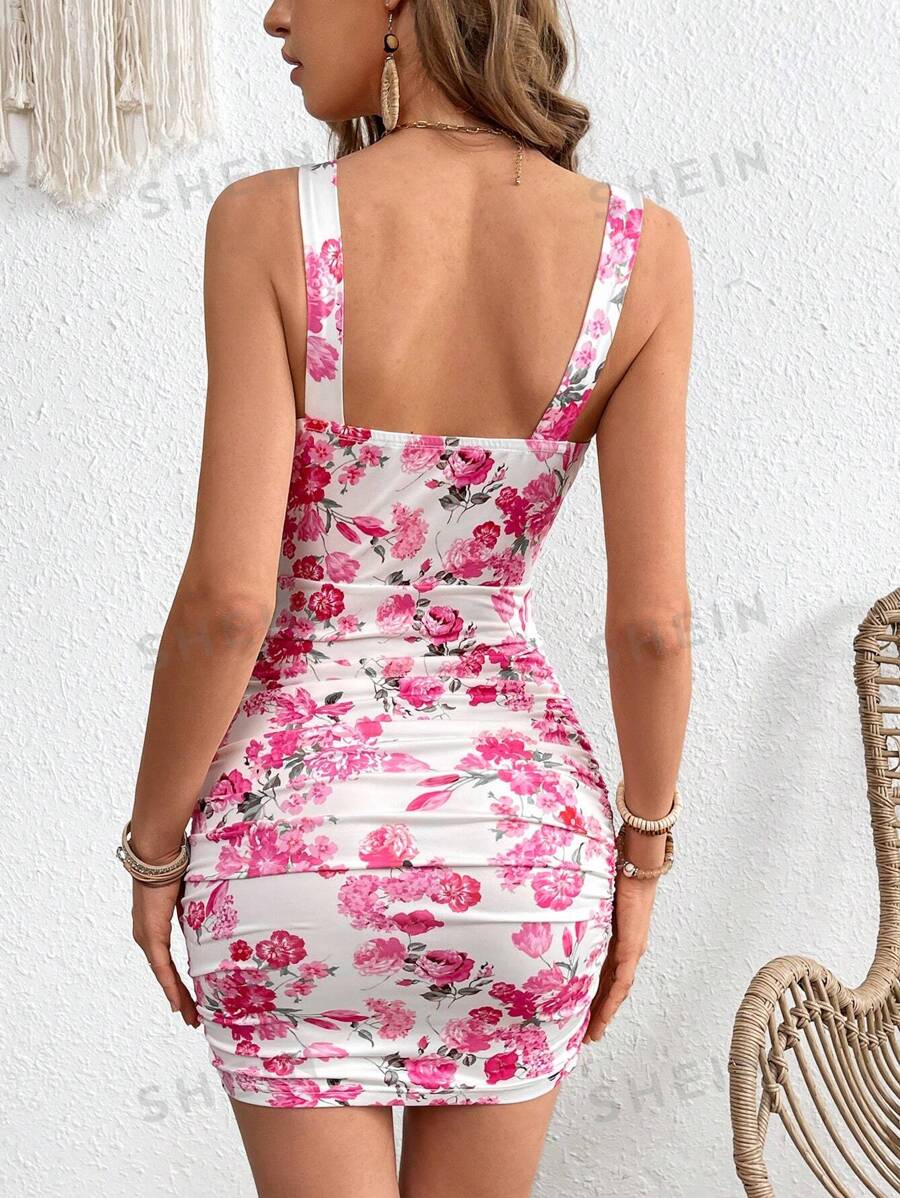 SHEIN VCAY Vacation Knitted Mini Dress With Romantic Pink Print And Pleated Detail For Women ...