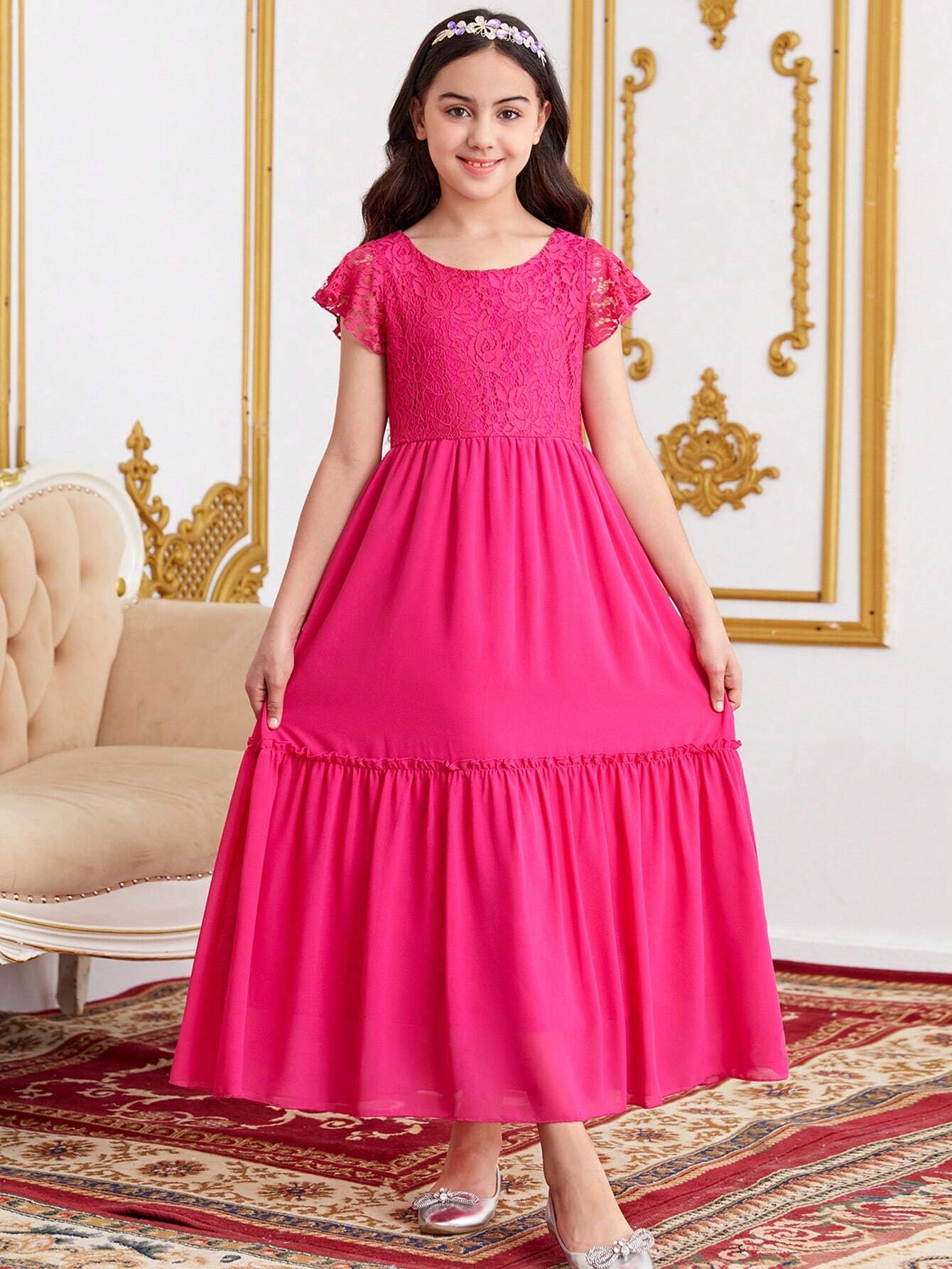 SHEIN Tween Girl's Lace Splice Chiffon Dress | SHEIN USA