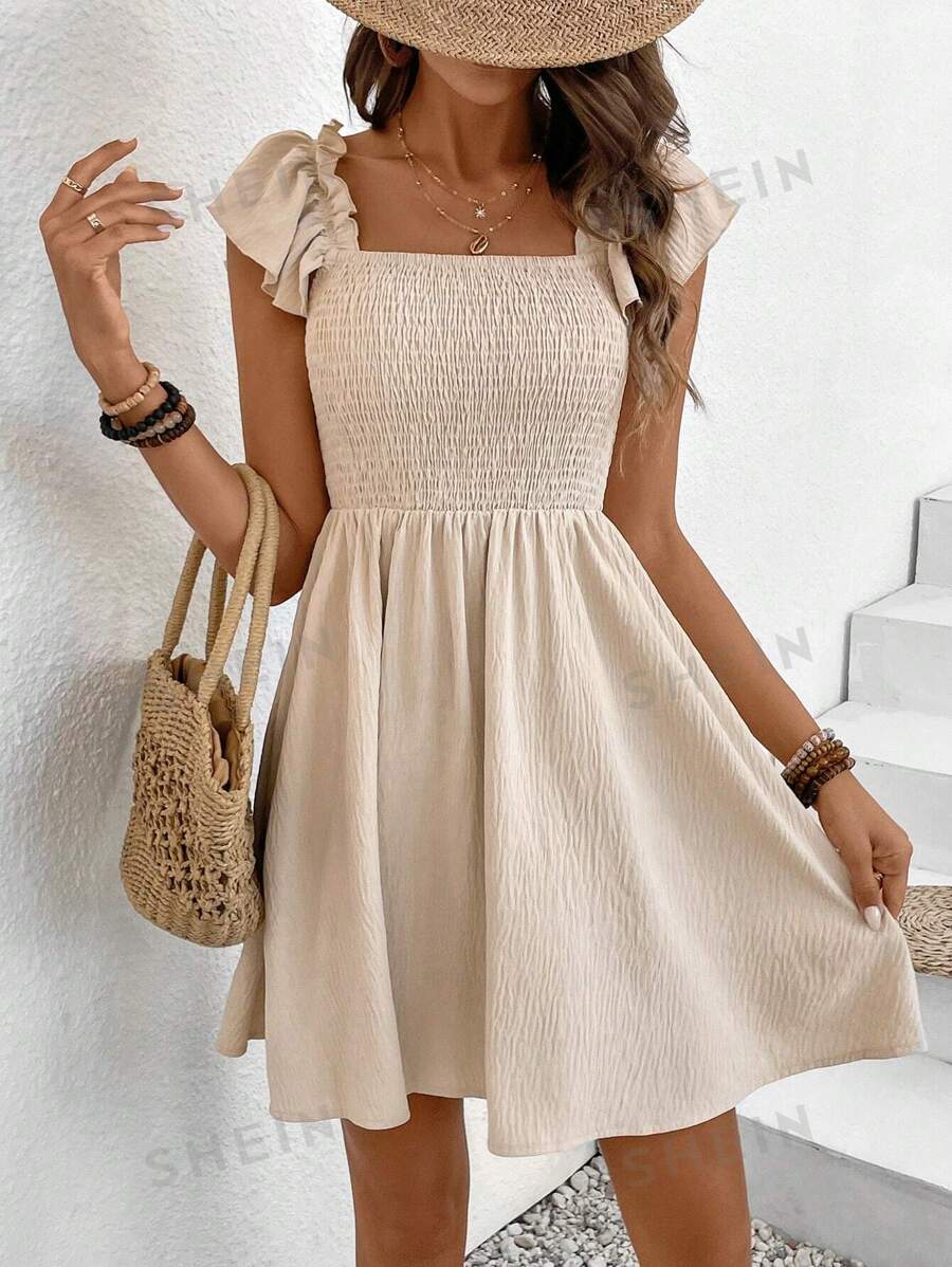 SHEIN Frenchy Women's Fashionable Off-Shoulder Shirred Flounce Sleeve A ...