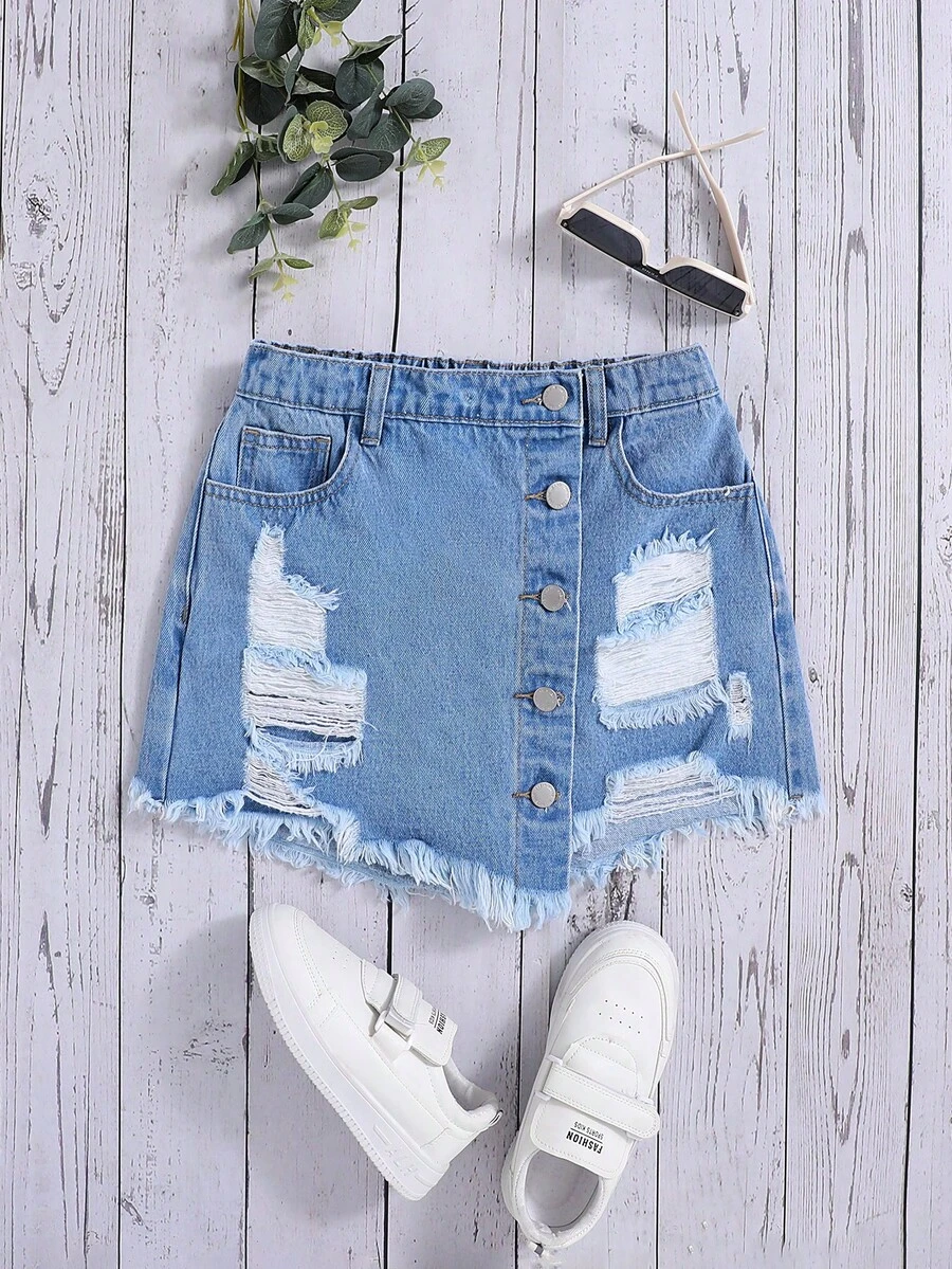 SHEIN Teen Girl's Distressed Washed Denim Mini Skort For Casual ...