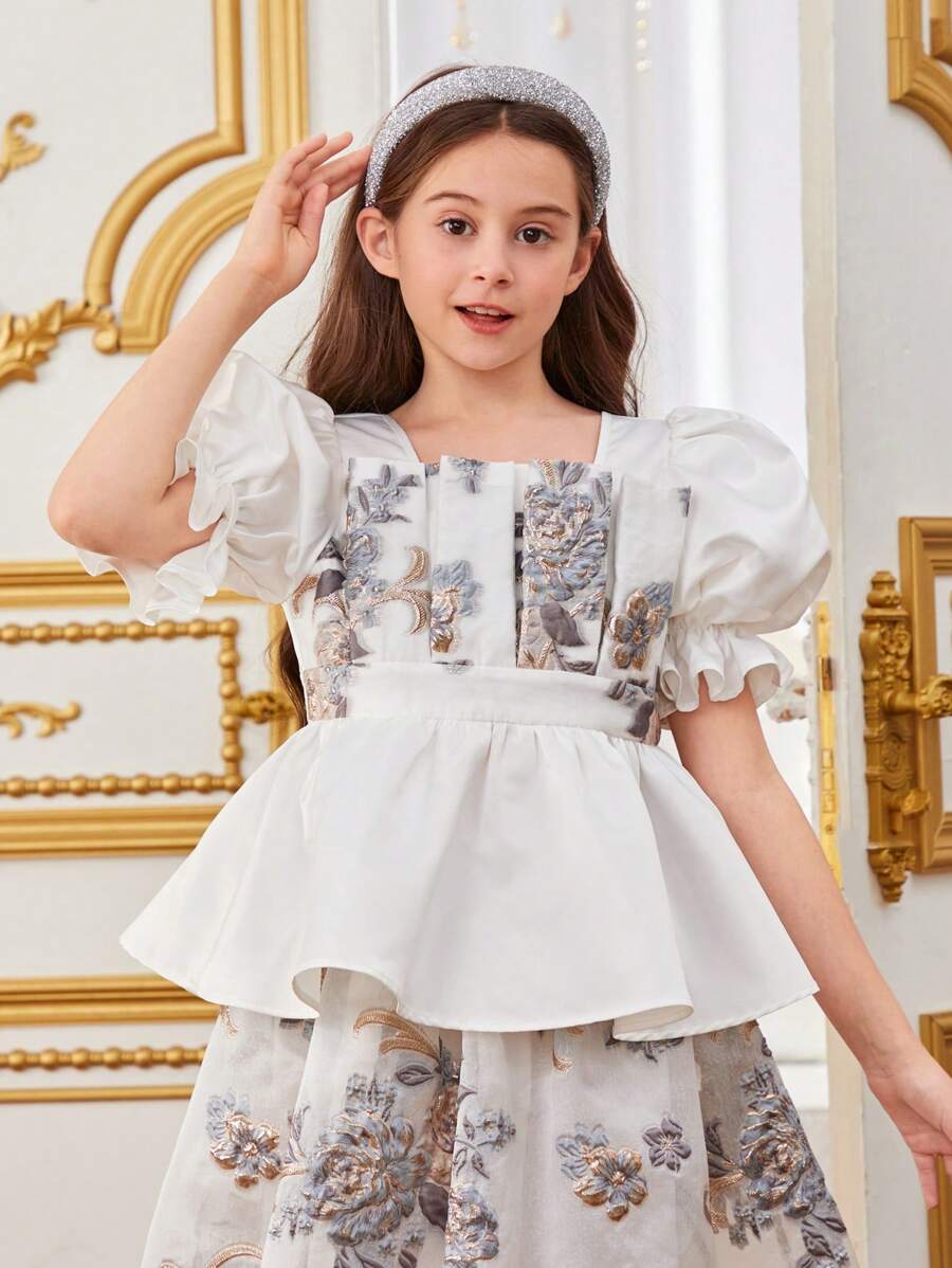 SHEIN Tween Girl Traditional & Cute Puff Sleeve Square Neck Blouse ...