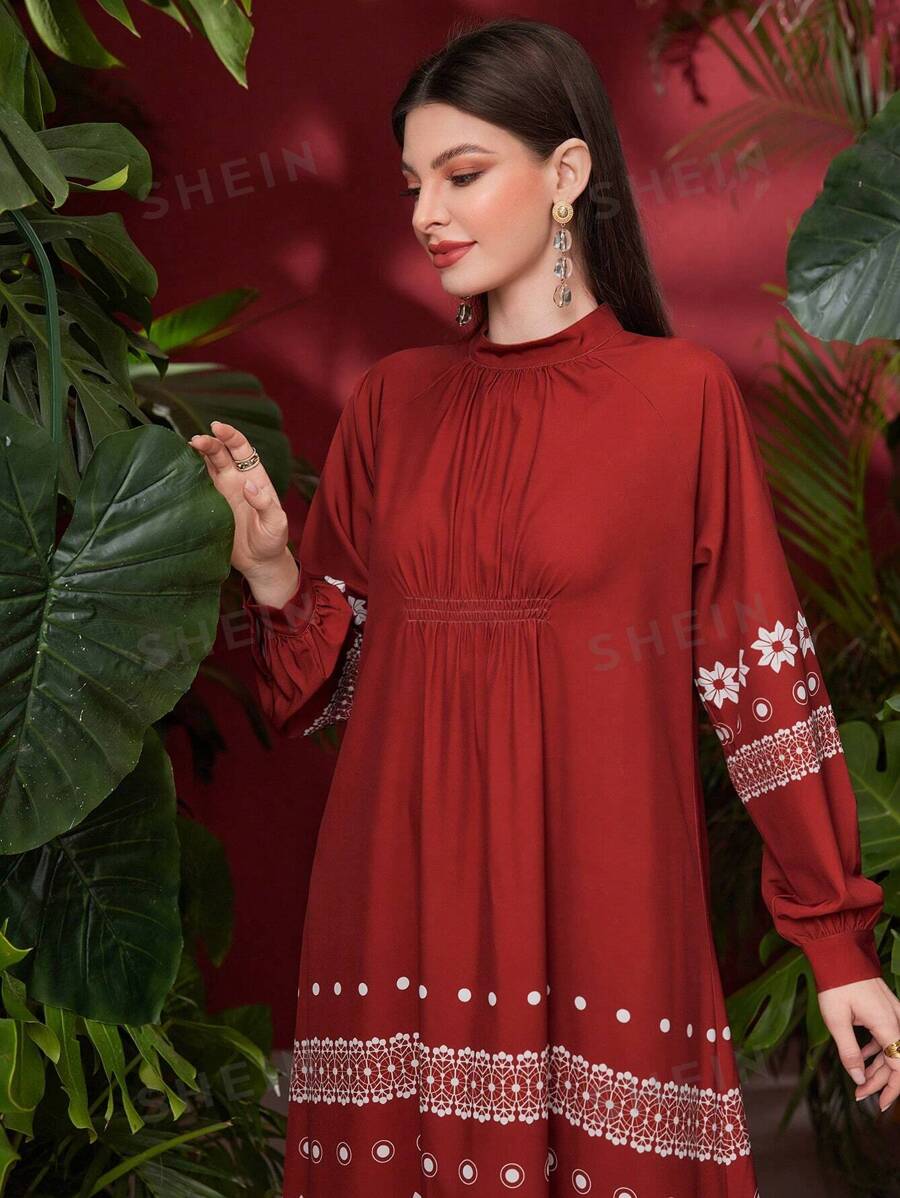 SHEIN Najma Women's Geometric Pattern Ruched Mandarin Collar Arabian ...