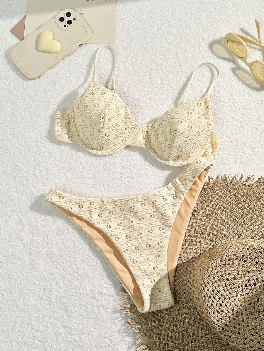 SHEIN Swim Ladies' Solid Color Hollow Out Embroidery Swimwear Set ...