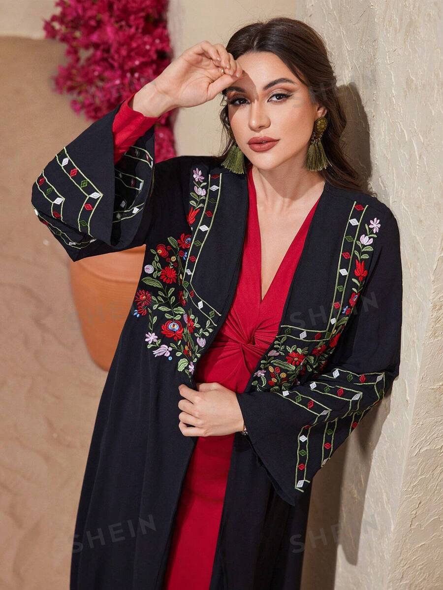 SHEIN Najma Abaya de manga de campana con bordado floral y capucha de ...
