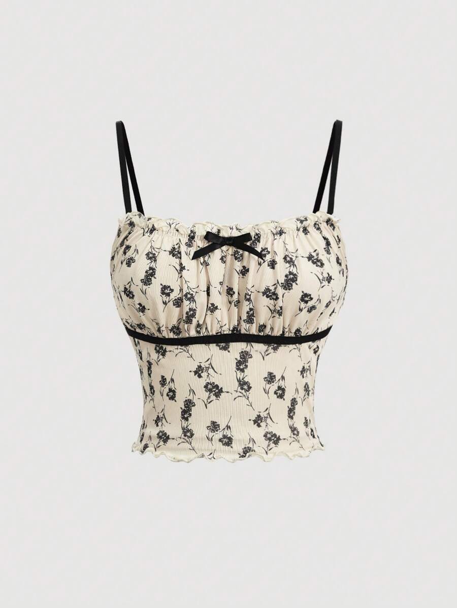 SHEIN MOD Women's Floral Printed Bowknot Decorated Ruffled Hem Cami Top ...