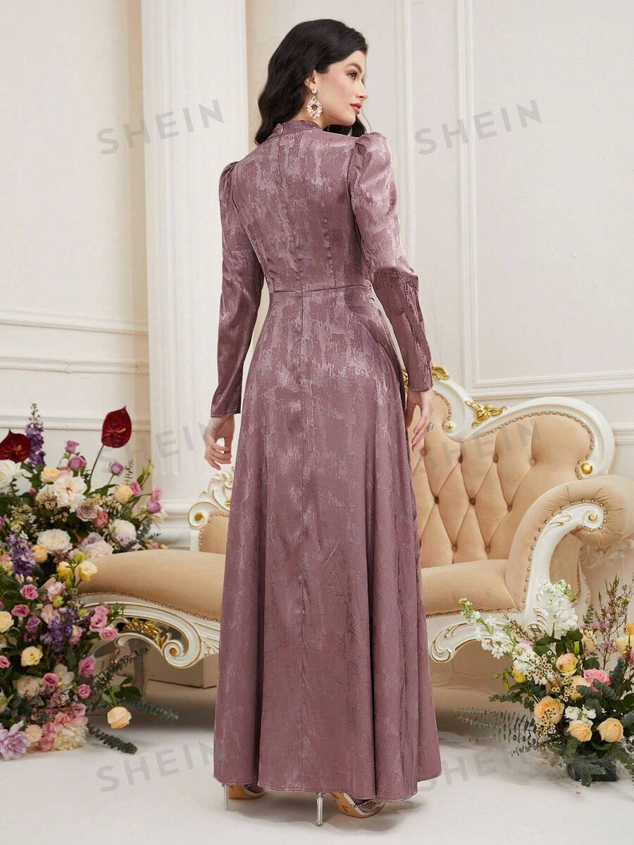 SHEIN Modely Women's Standing Collar Puff Long Sleeve Arab Dress With Pleats,Elegant Evening ...