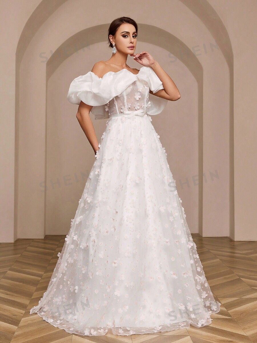 SHEIN Belle Giant Hem Off Shoulder Wedding Dress With 3d Lace Appliques ...