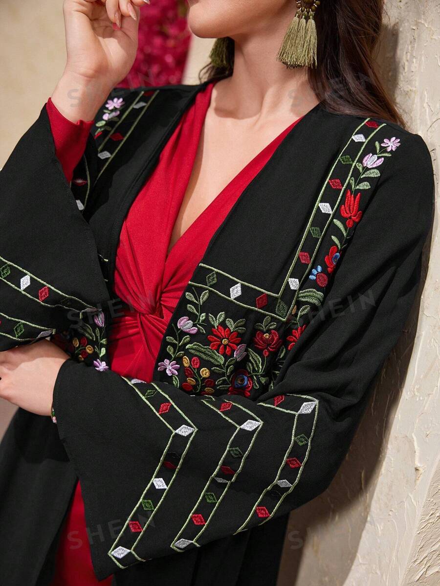SHEIN Najma Abaya de manga de campana con bordado floral y capucha de ...