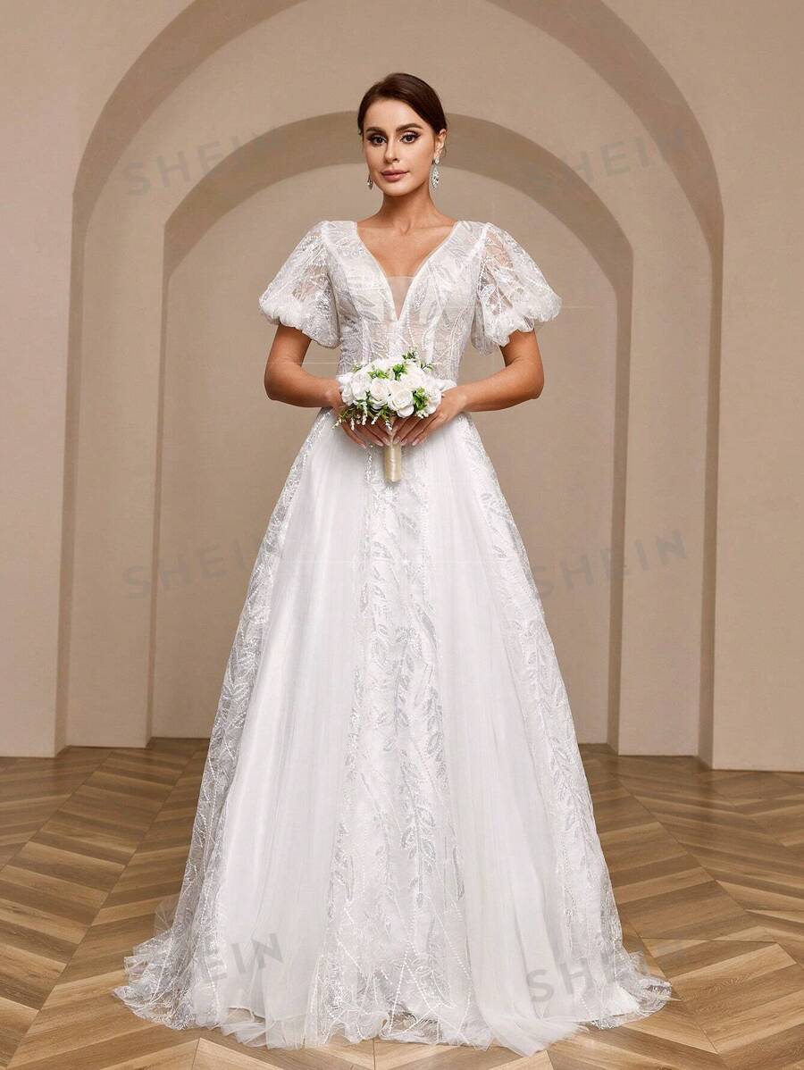 SHEIN Belle Elegant Pearl Embellished Pleated Mesh Lantern Sleeve Ball ...