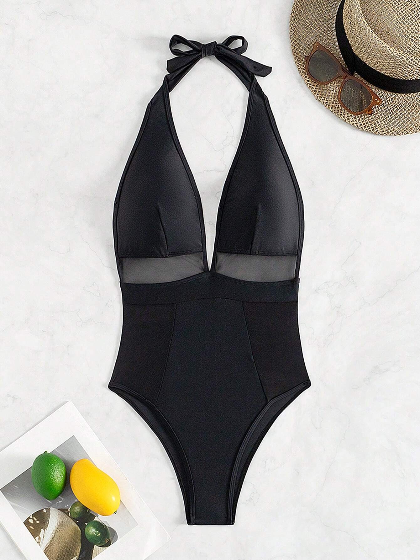 Women's One Piece Swimsuit With Mesh Splice And Halter Neck | SHEIN USA