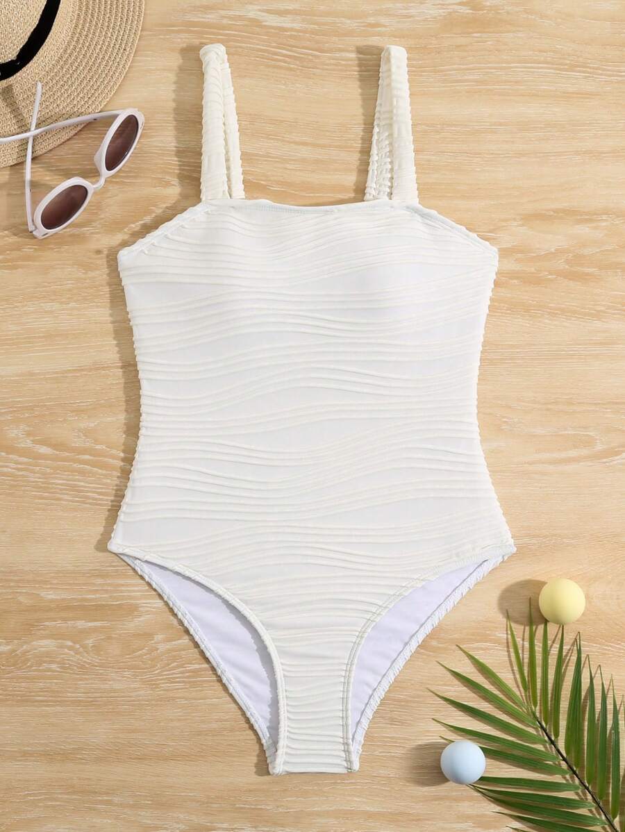Solid Textured One-Piece Swimsuit For Tween Girls | SHEIN USA