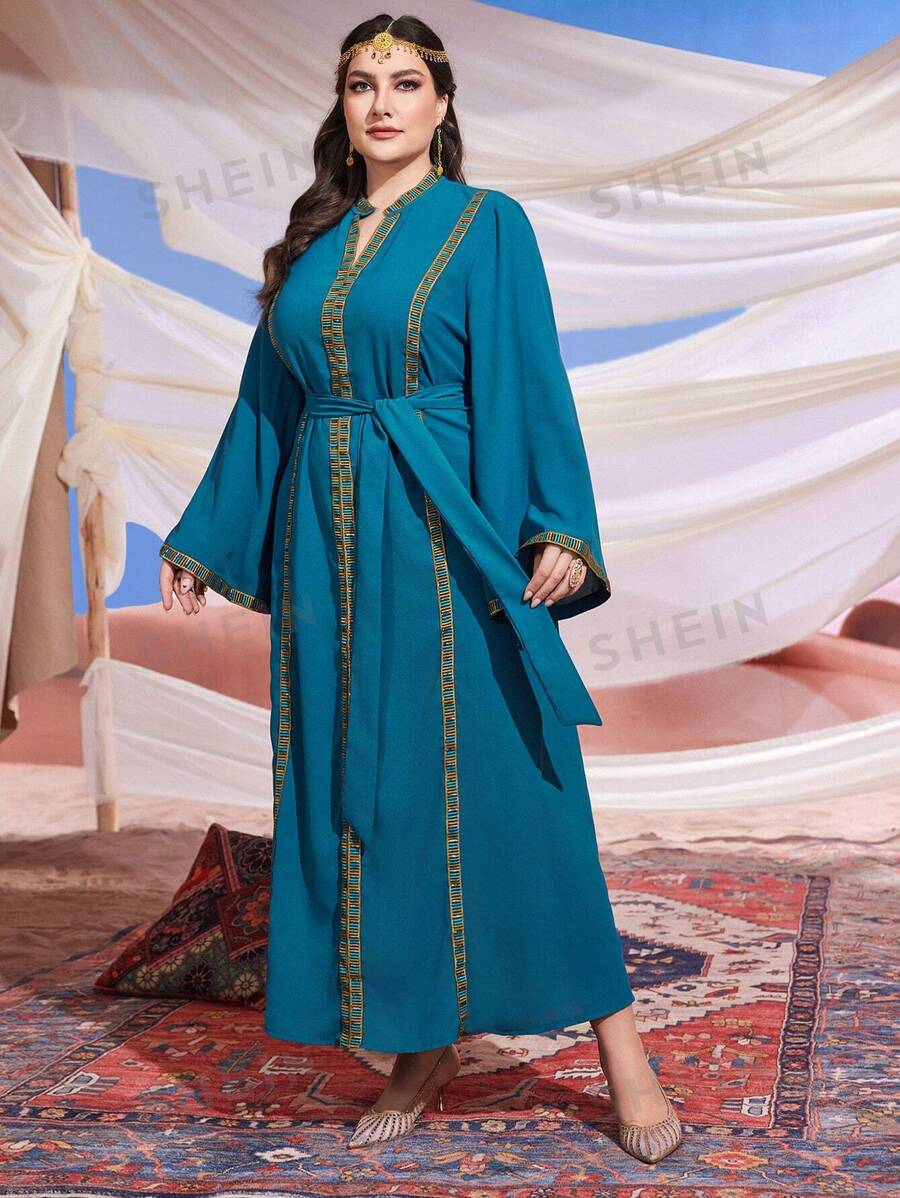SHEIN Najma Plus Size Women's Splice Tape Notched Neckline Maxi Dress ...