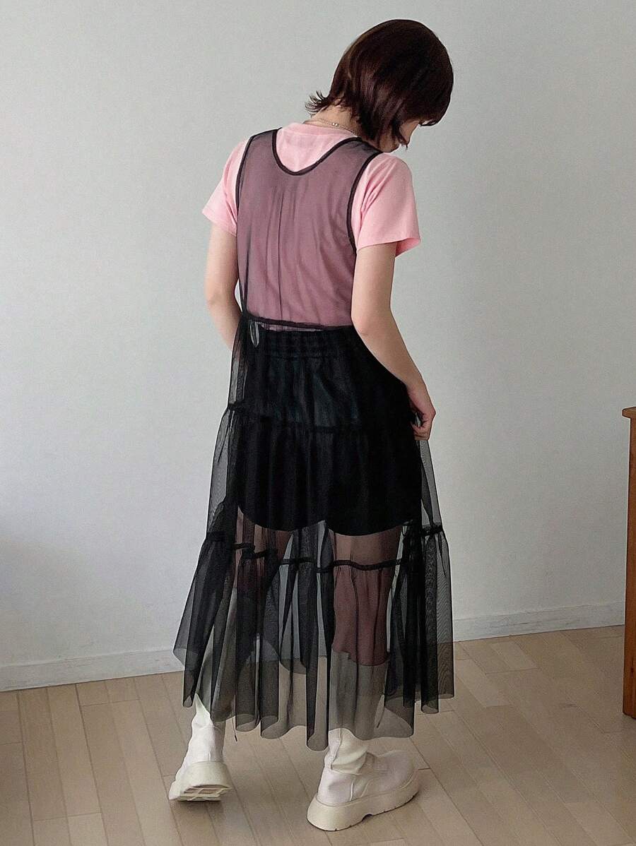 FRIFUL 1pc Contrast Mesh Tie Front Sheer Dress | SHEIN UK