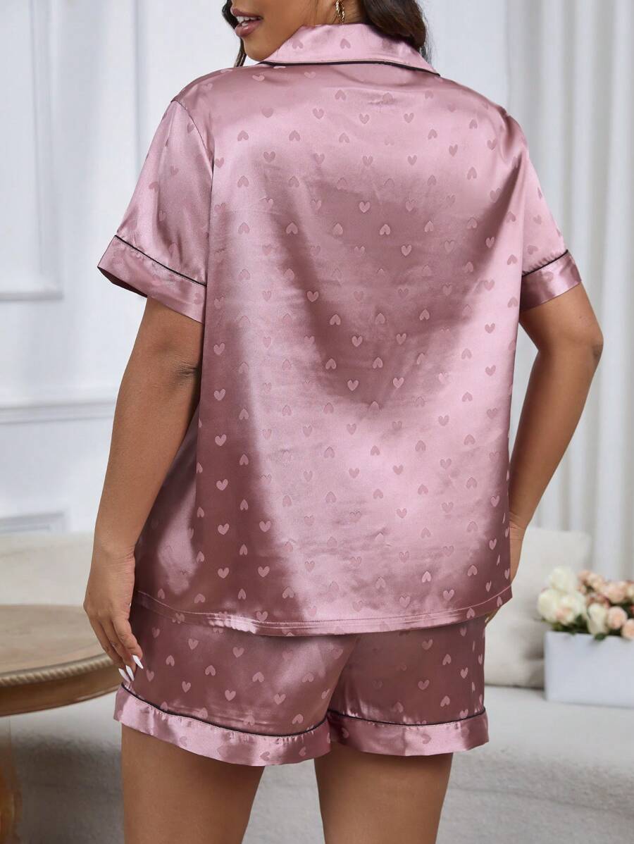 Plus Size Satin Pajama Sleepwear Set, Pink Short-Sleeve Top & Shorts ...