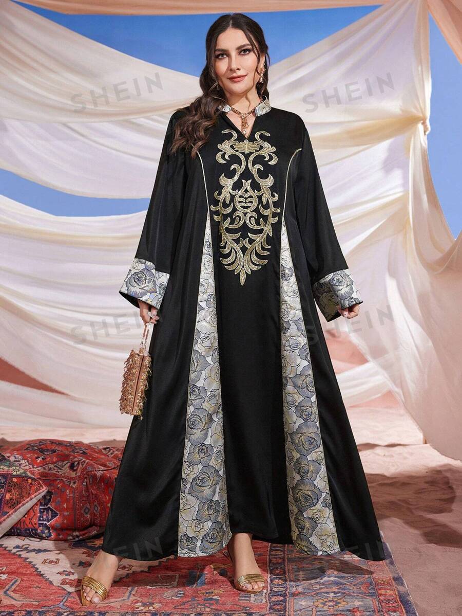 SHEIN Najma Vestido maxi árabe de línea A con bordado, elegante maxi ...