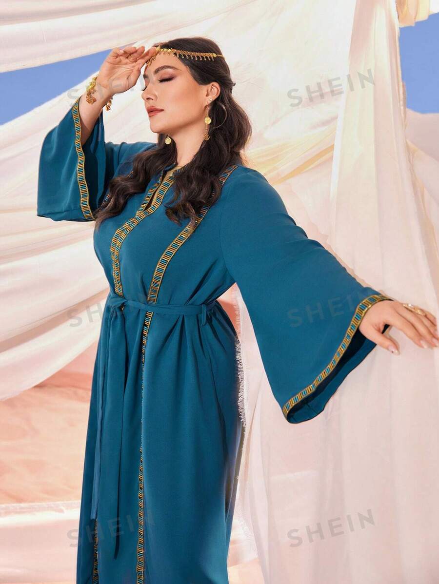 SHEIN Najma Plus Size Women's Splice Tape Notched Neckline Maxi Dress ...