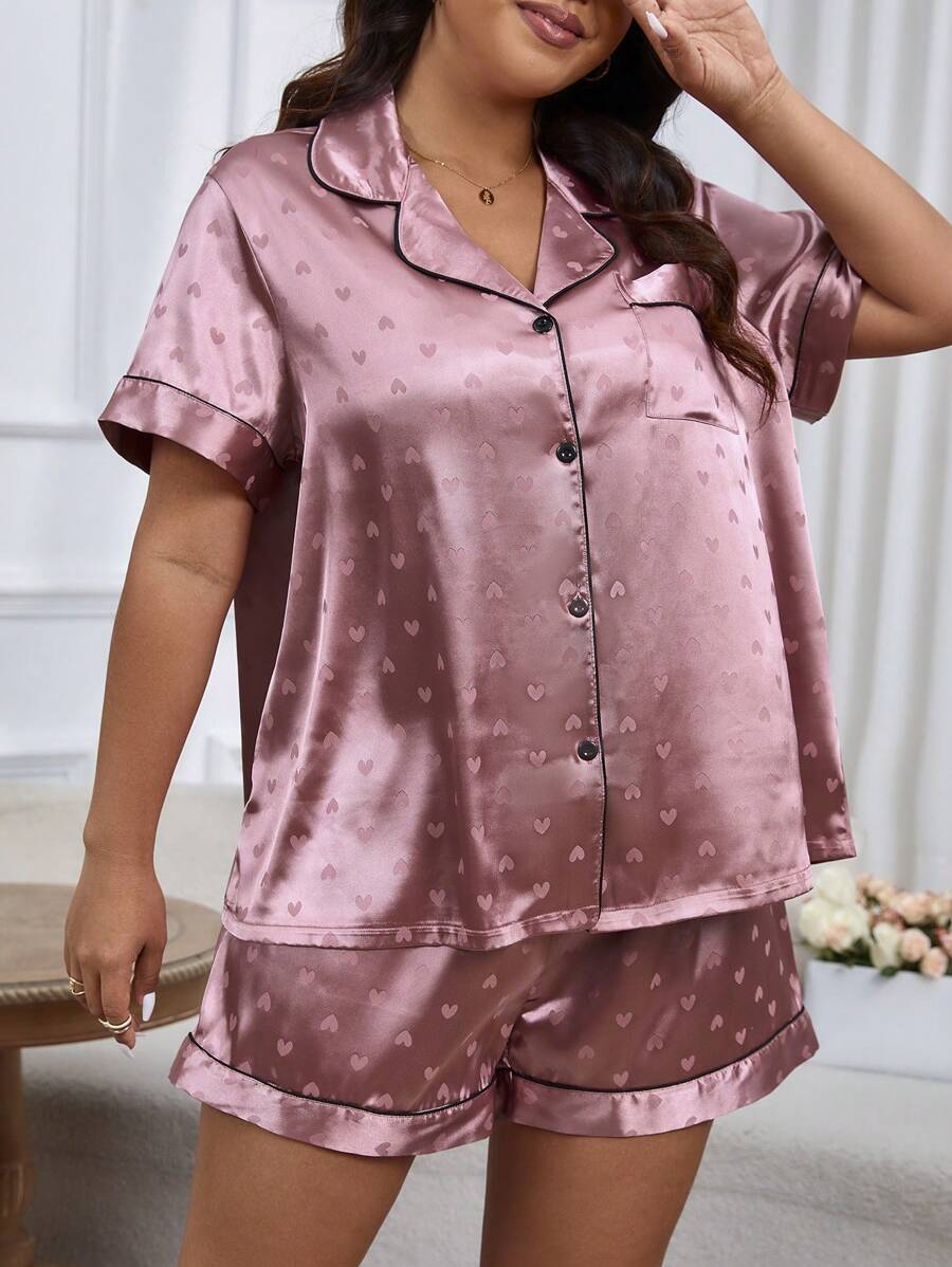 Plus Size Satin Pajama Sleepwear Set, Pink Short-Sleeve Top & Shorts ...