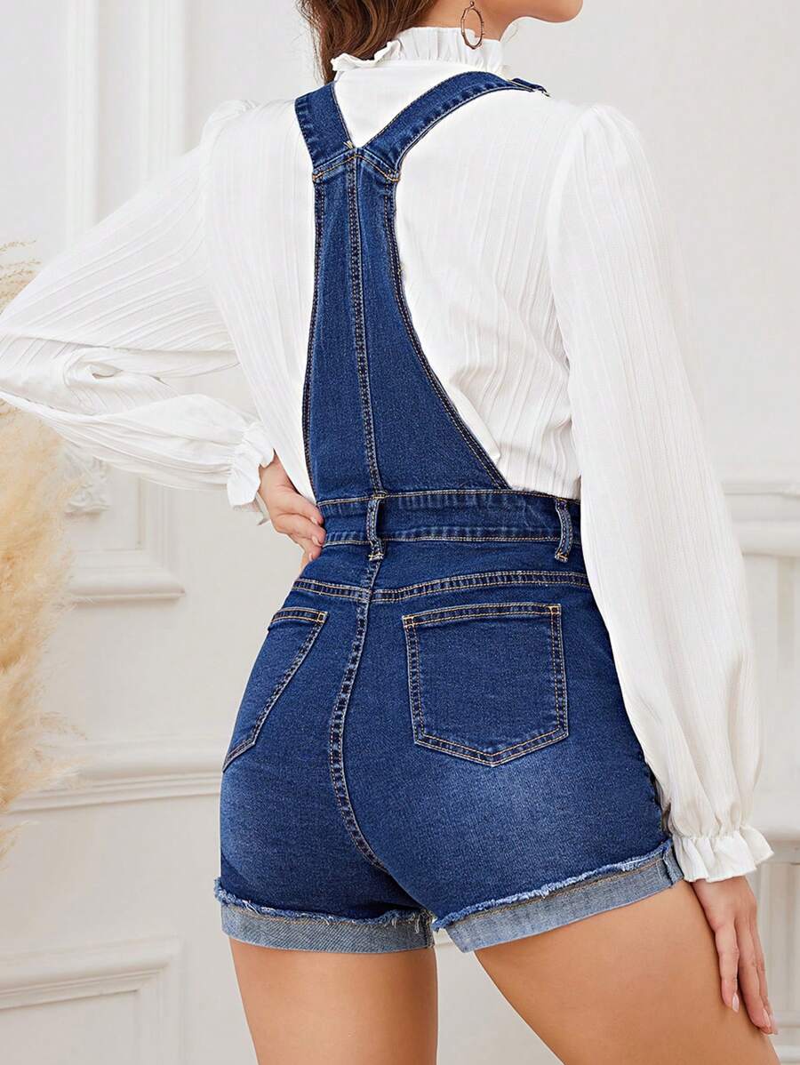 SHEIN LUNE Cat Whisker Frayed Edge Rolled Hem Denim Overalls | SHEIN ...