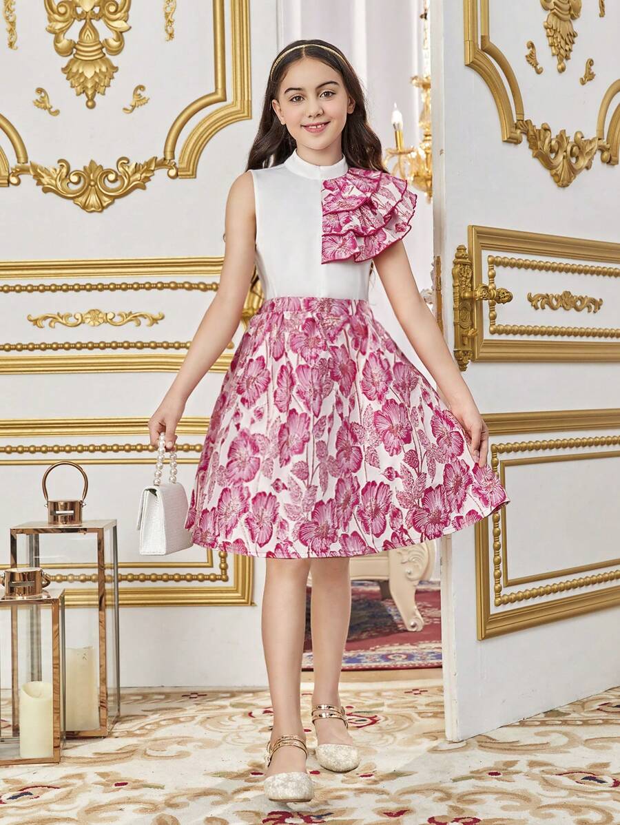 SHEIN Kids Nujoom Tween Girls' Casual Stand Collar Layered Ruffle Decor ...